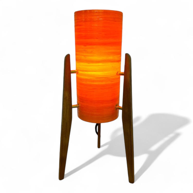 Mid Century Modern Saturn Rocket Lamp: Tangerine Fiberglass Shade, Teak ...