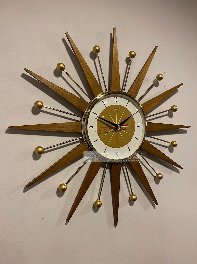 Mid Century Modern Starburst Wall Clock: Teak Rays & Gold Atomic Balls ...