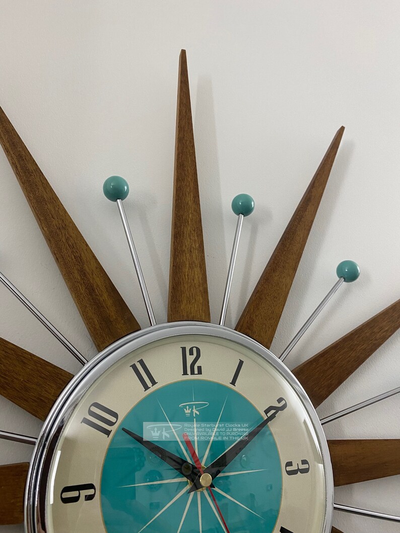 Mid Century Modern Starburst Clock: Turquoise Face, Teak Rays - Etsy