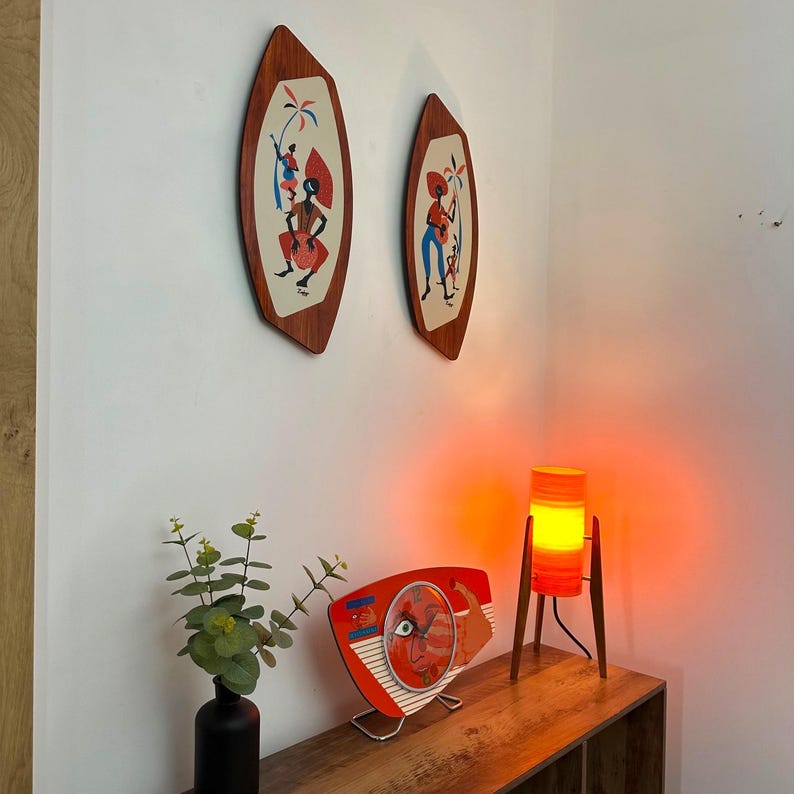 Mid Century Modern Saturn Rocket Lamp: Tangerine Fiberglass Shade, Teak ...