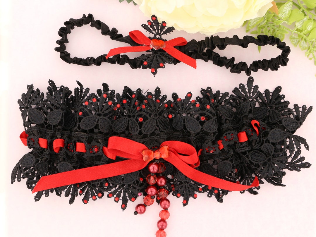 Black Guipure Lace Garter With Red Satin Ribbon | Handmade Burlesque ...