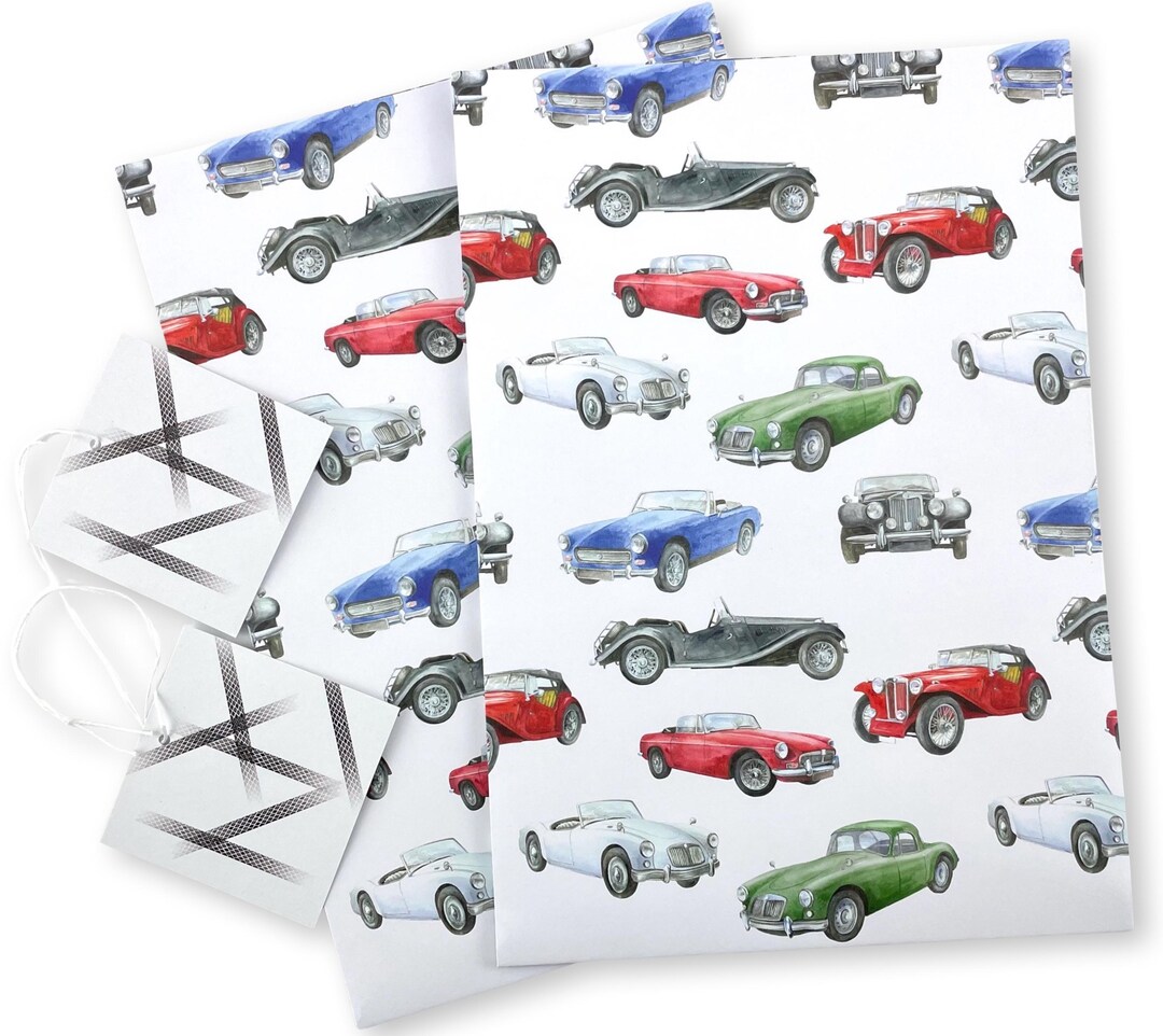 Classic Vintage Car Gift Wrapping - 2 Sheets With Co-ordinating Gift ...