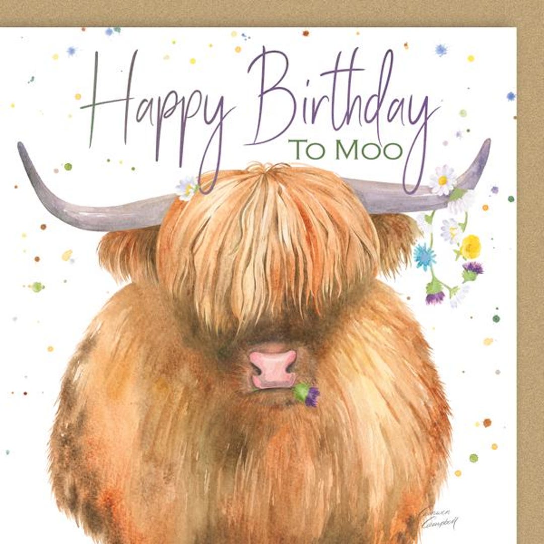 Highland Cow Birthday Card: Watercolor Heiland Coo With Flowers - Etsy