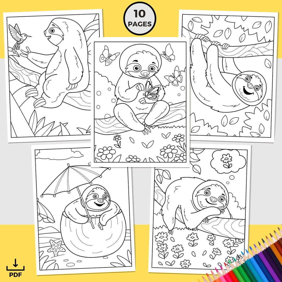SLOTH Coloring Pages, Instant Download, Kids Camp Coloring Pages, Pool ...