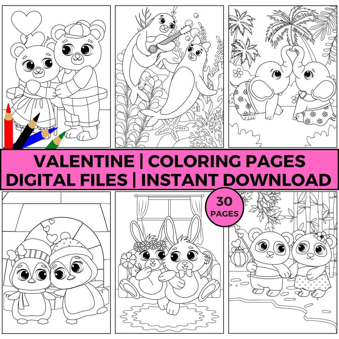 VALENTINE CUTE ANIMALS Coloring Pages, Instant Download, Valentine ...