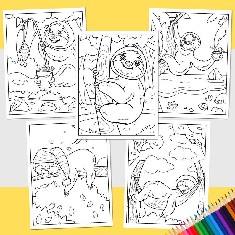 SLOTH Coloring Pages, Instant Download, Kids Camp Coloring Pages, Pool ...