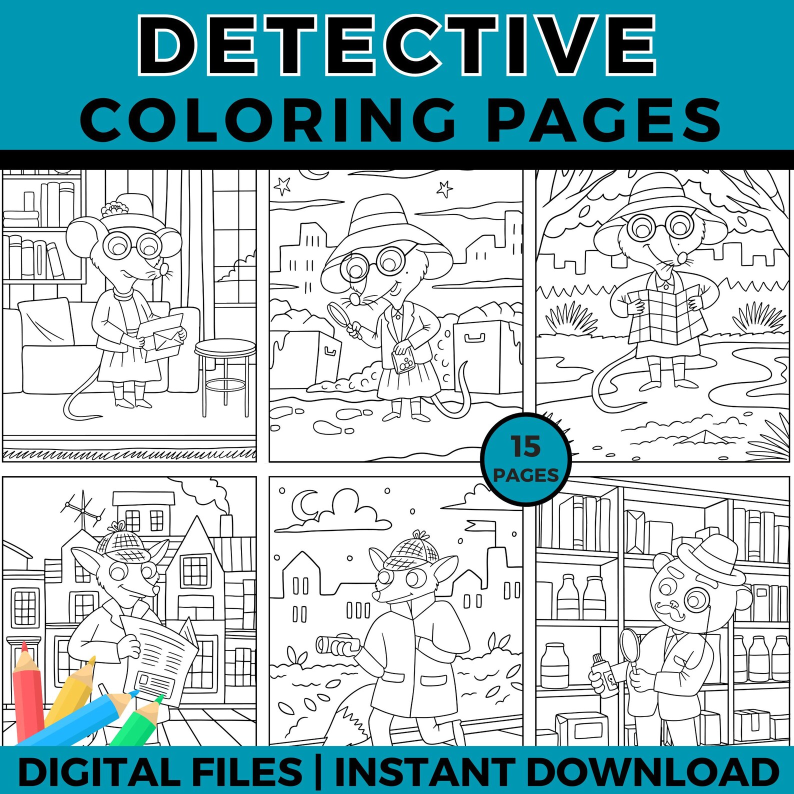 Detective Animals Coloring Pages for Kids, Printable Mystery-themed ...
