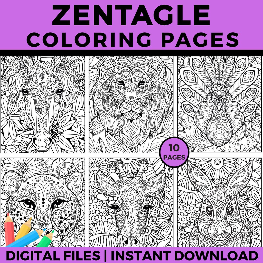 ZENTANGLE ANIMALS, Printable Stress Relief, Coloring Book Pages for ...