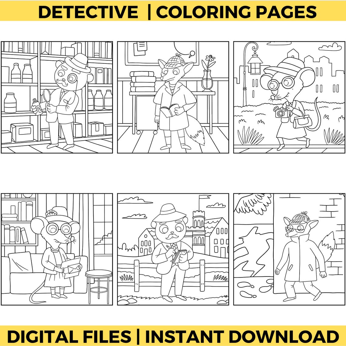 Detective Animals Coloring Pages for Kids, Printable Mystery-themed ...