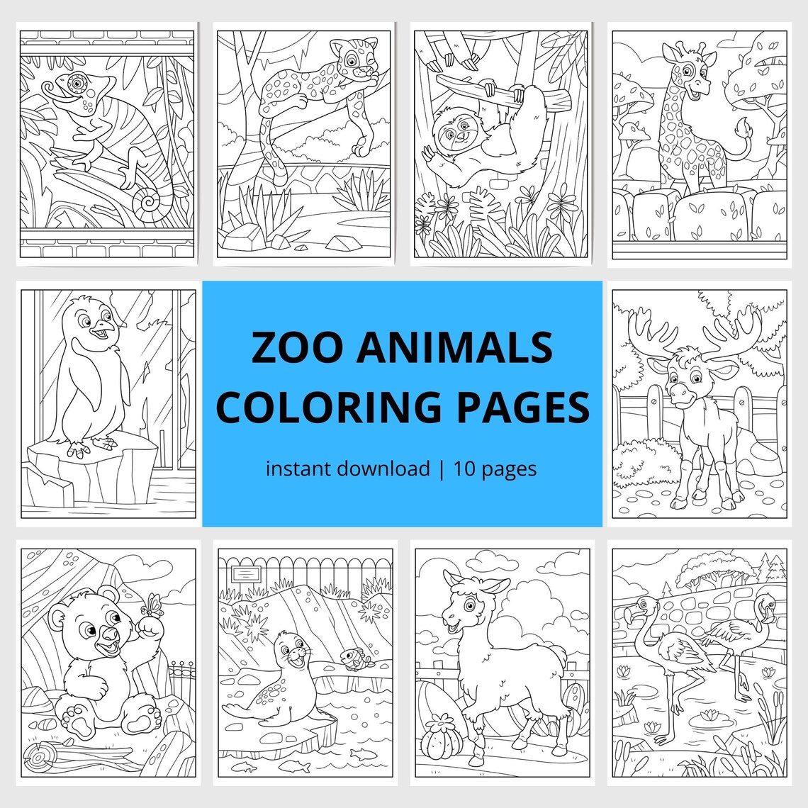 ZOO ANIMALS Coloring Pages, Instant Download, Kids Camp Coloring Pages ...
