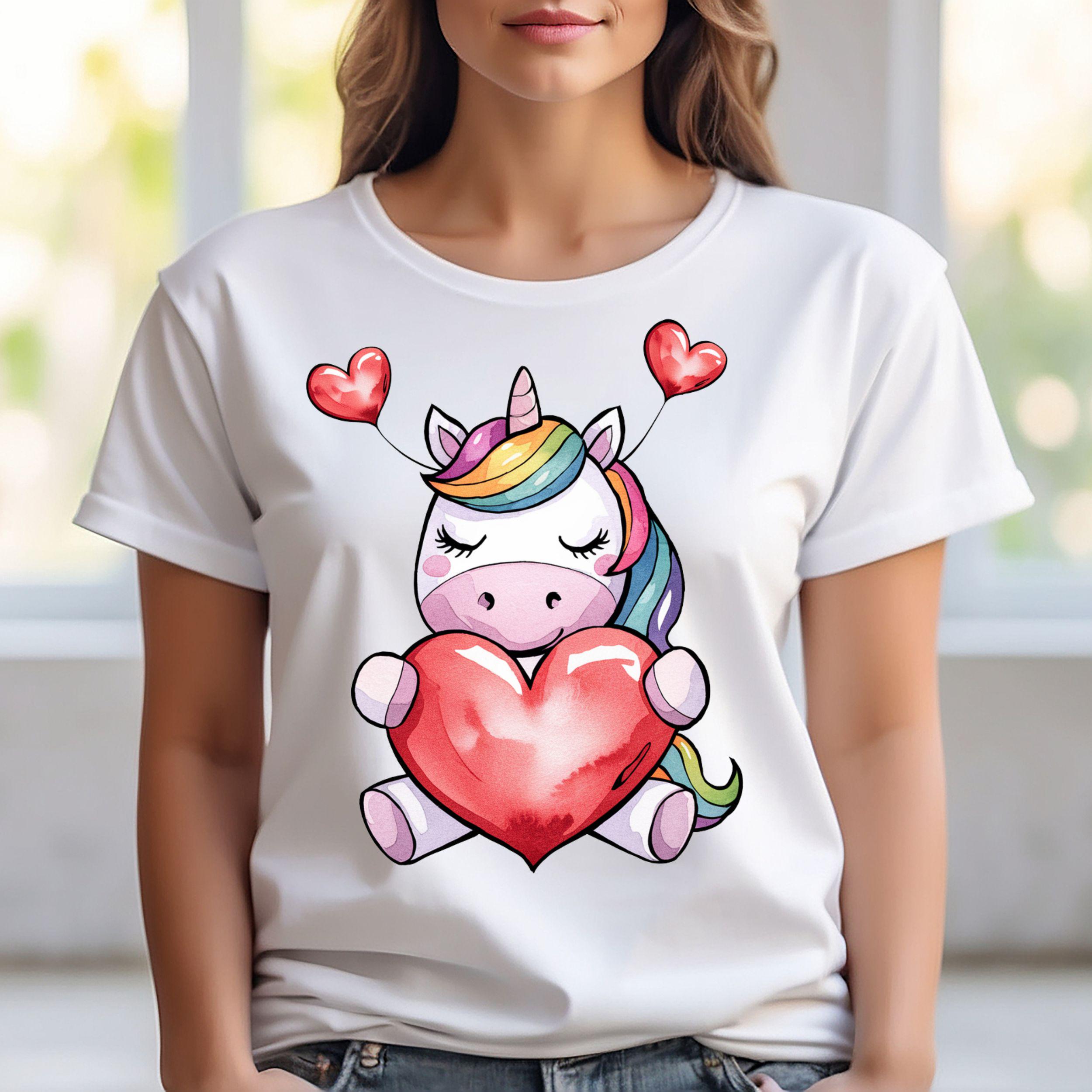 Valentine's Day Watercolor Unicorn PNG, Heart-holding Cartoon Unicorn ...
