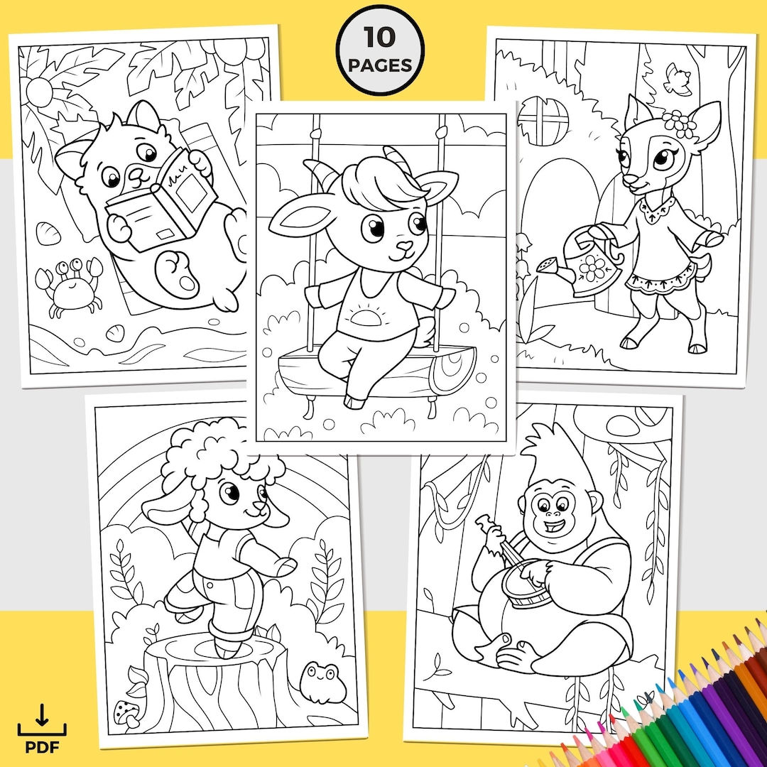 SUMMER ANIMALS Coloring Pages, Instant Download, Kids Camp Coloring ...