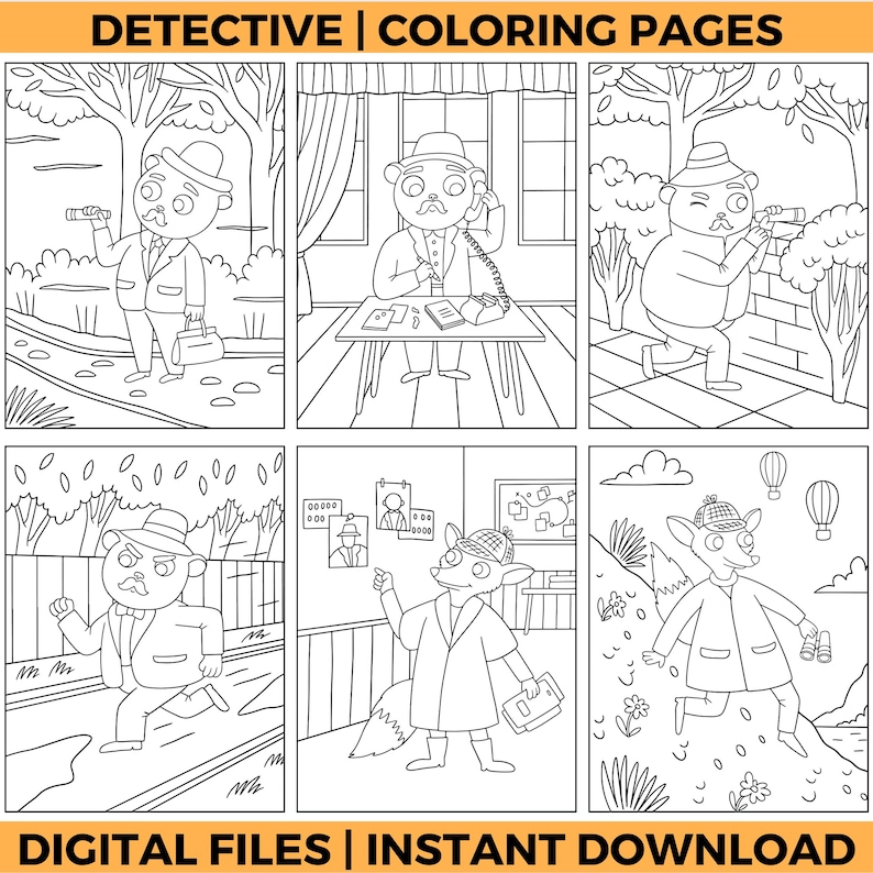 Detective Animals Coloring Pages for Kids, Printable Mystery-themed ...