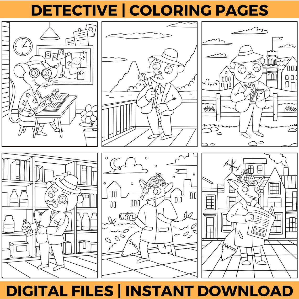 Detective Animals Coloring Pages for Kids, Printable Mystery-themed ...