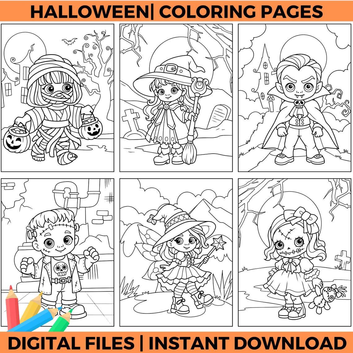 HALLOWEEN KIDS Coloring Pages, Instant Download, Halloween Coloring ...