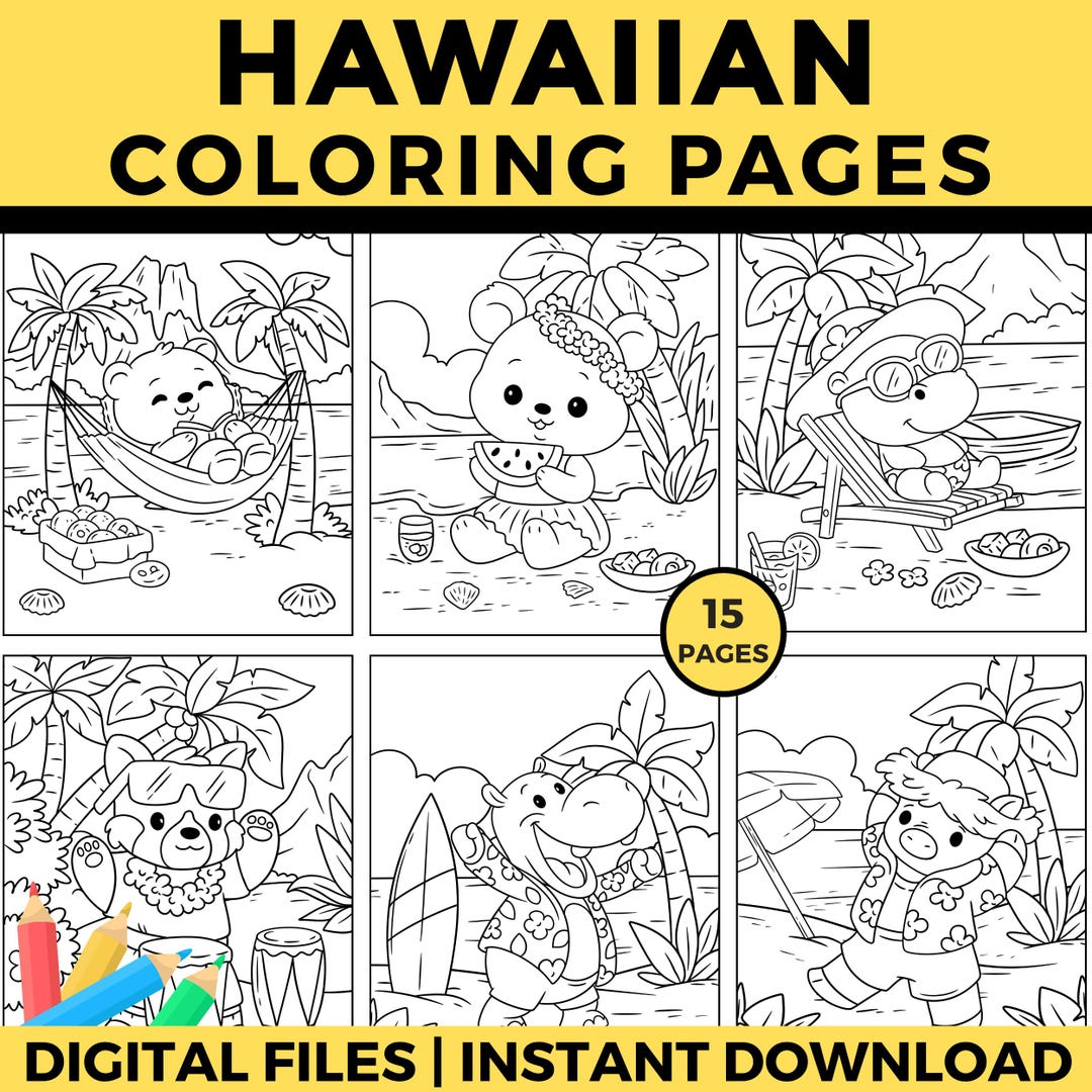 Hawaiian Cozy Animals Coloring Pages, Cute Tropical Beach Animals ...