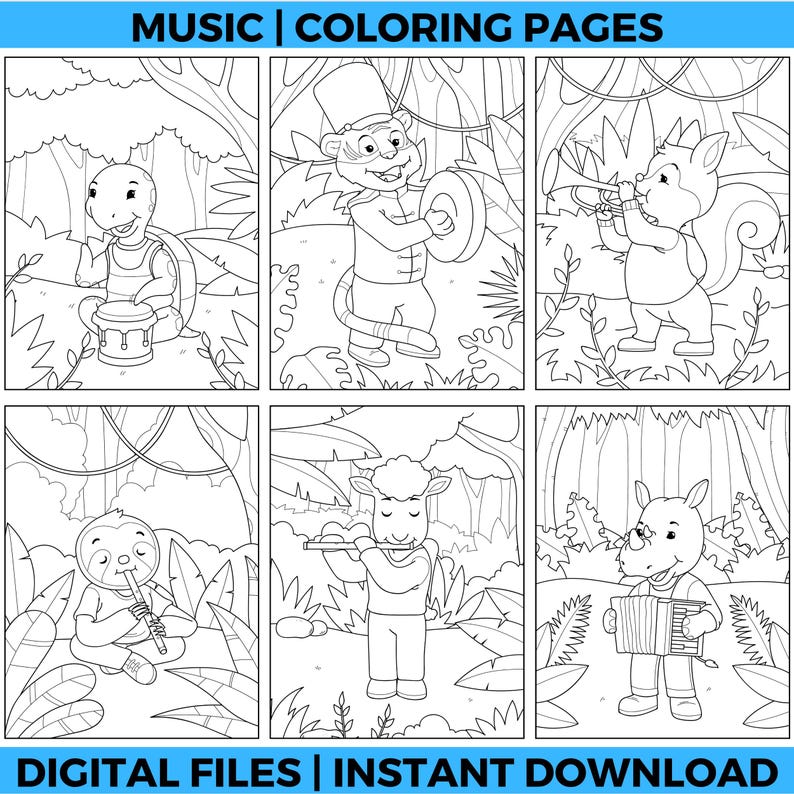 Musical Animals Coloring Pages - Instant Download - Etsy