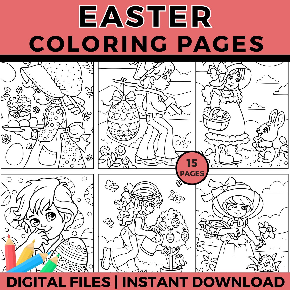 EASTER KIDS Coloring Pages, Instant Download, Easter Coloring Pages ...