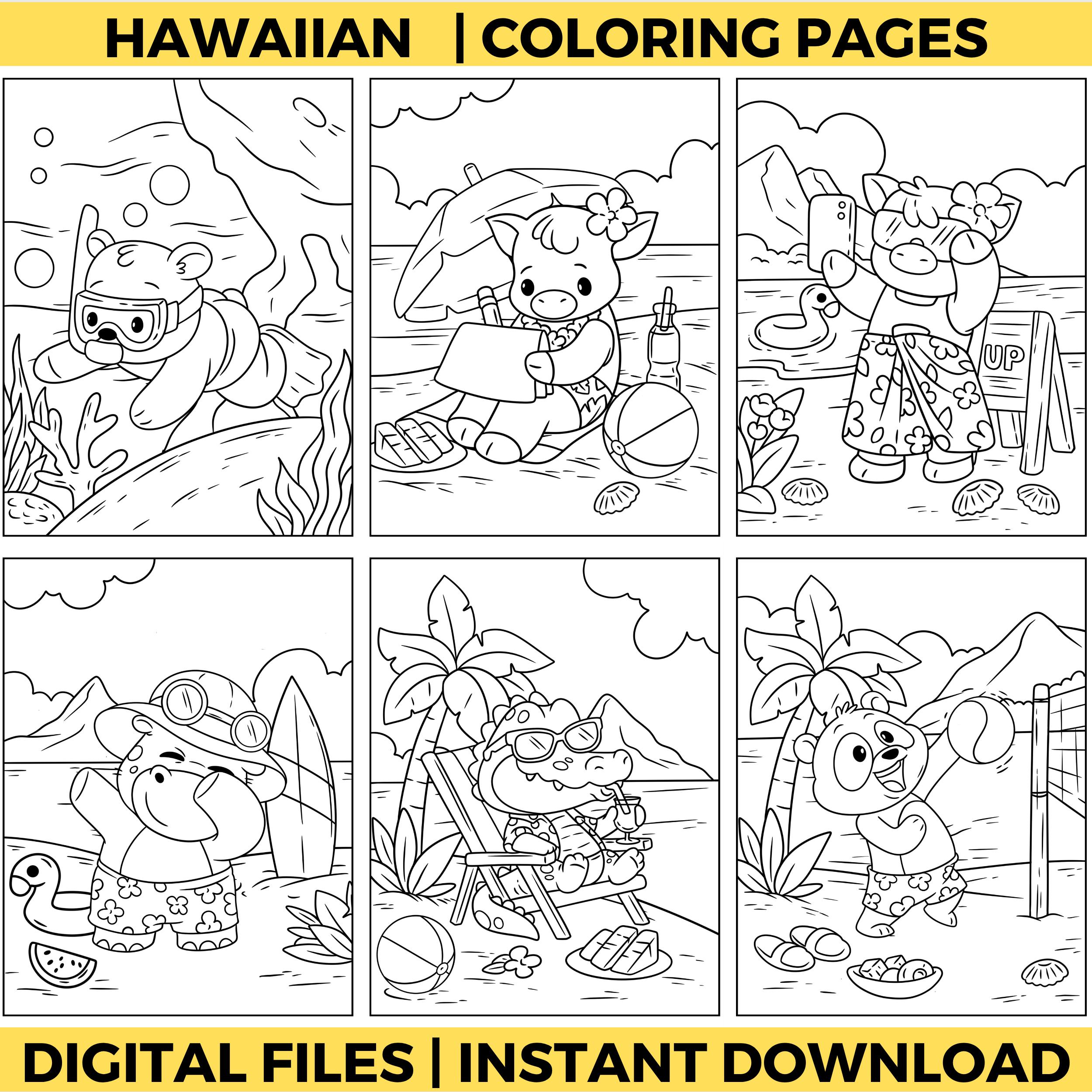 Hawaiian Cozy Animals Coloring Pages, Cute Tropical Beach Animals ...