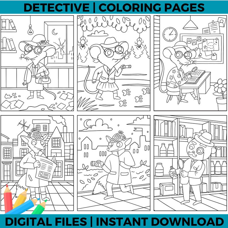 Detective Animals Coloring Pages for Kids, Printable Mystery-themed ...