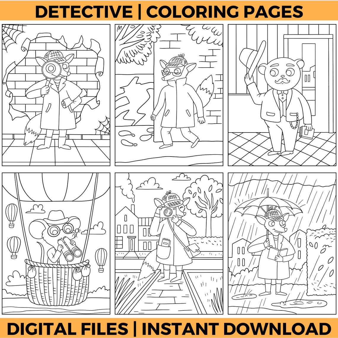 Detective Animals Coloring Pages for Kids, Printable Mystery-themed ...
