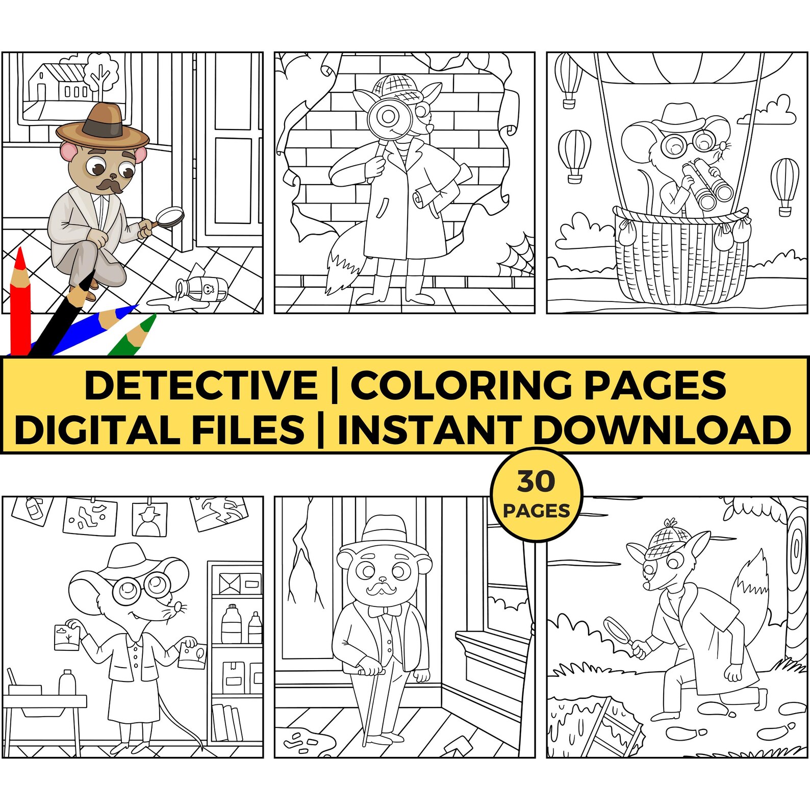 Detective Animals Coloring Pages for Kids, Printable Mystery-themed ...