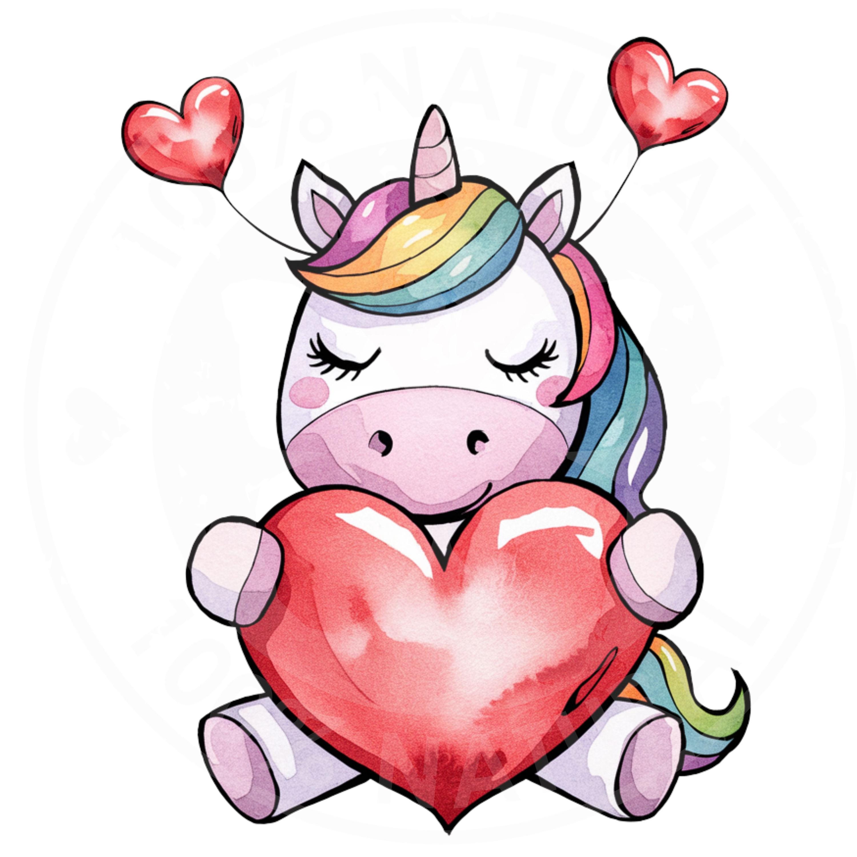 Valentine's Day Watercolor Unicorn PNG, Heart-holding Cartoon Unicorn ...