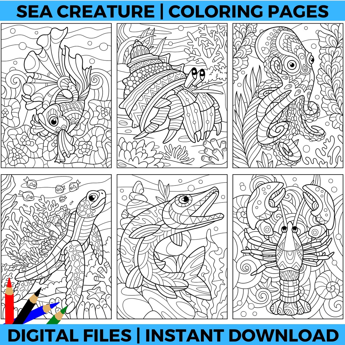 SEA CREATURES Coloring Pages, Ocean Animals Printable Coloring Sheet ...