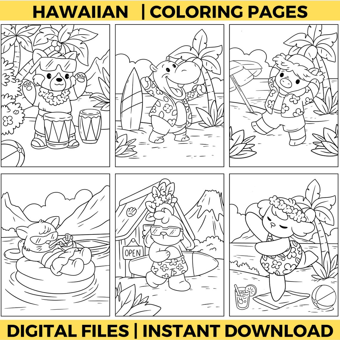 Hawaiian Cozy Animals Coloring Pages, Cute Tropical Beach Animals ...