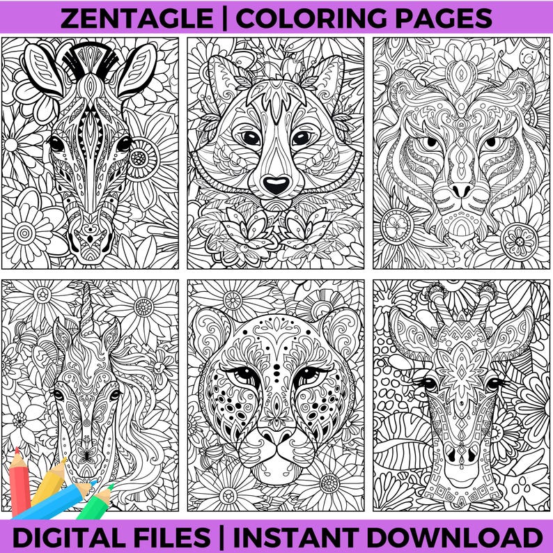 ZENTANGLE ANIMALS, Printable Stress Relief, Coloring Book Pages for ...