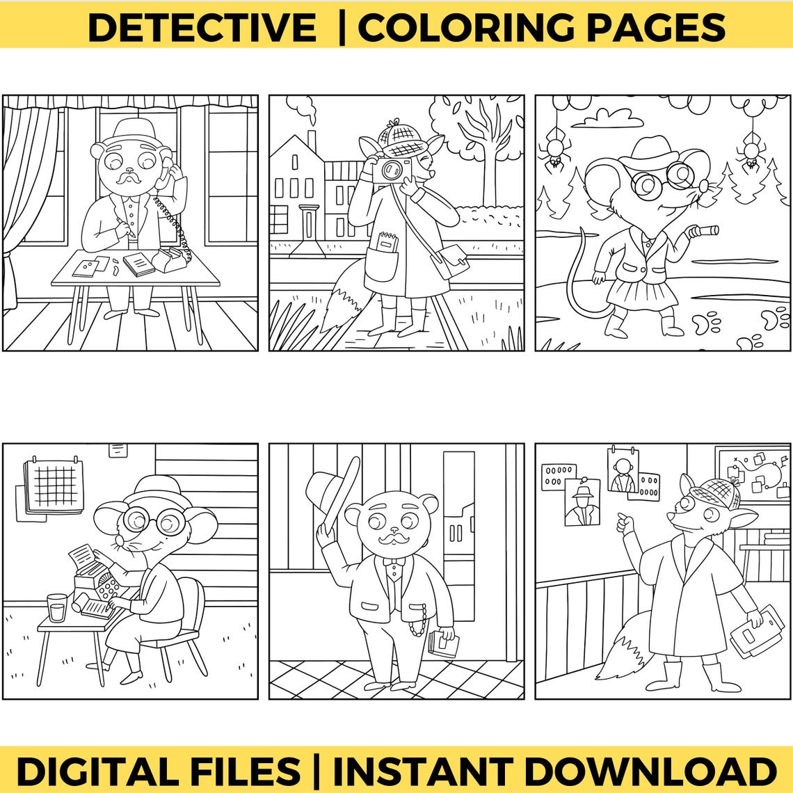 Detective Animals Coloring Pages for Kids, Printable Mystery-themed ...