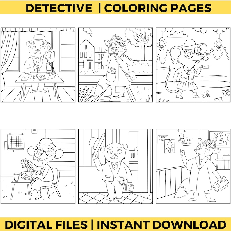 Detective Animals Coloring Pages for Kids, Printable Mystery-themed ...