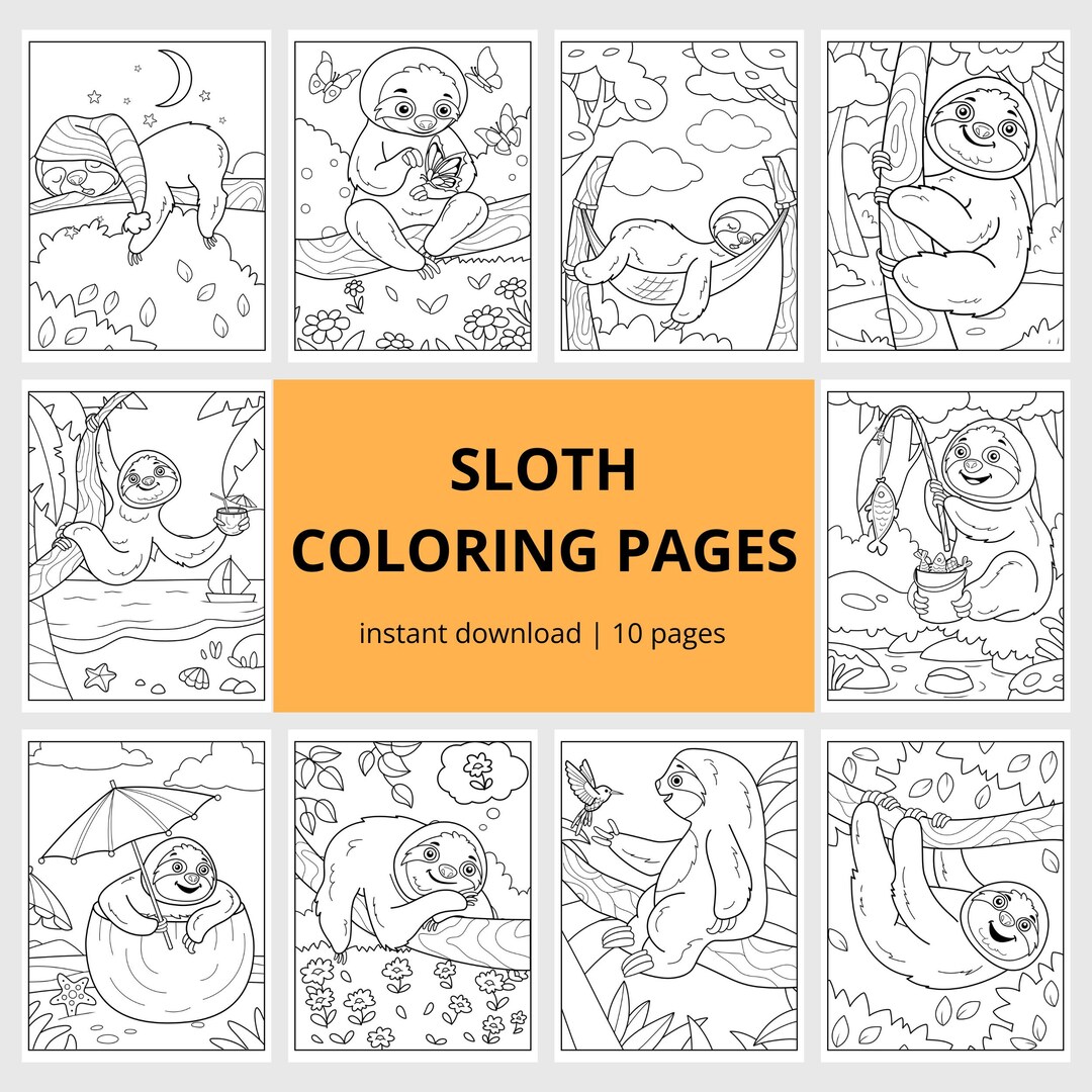 SLOTH Coloring Pages, Instant Download, Kids Camp Coloring Pages, Pool ...