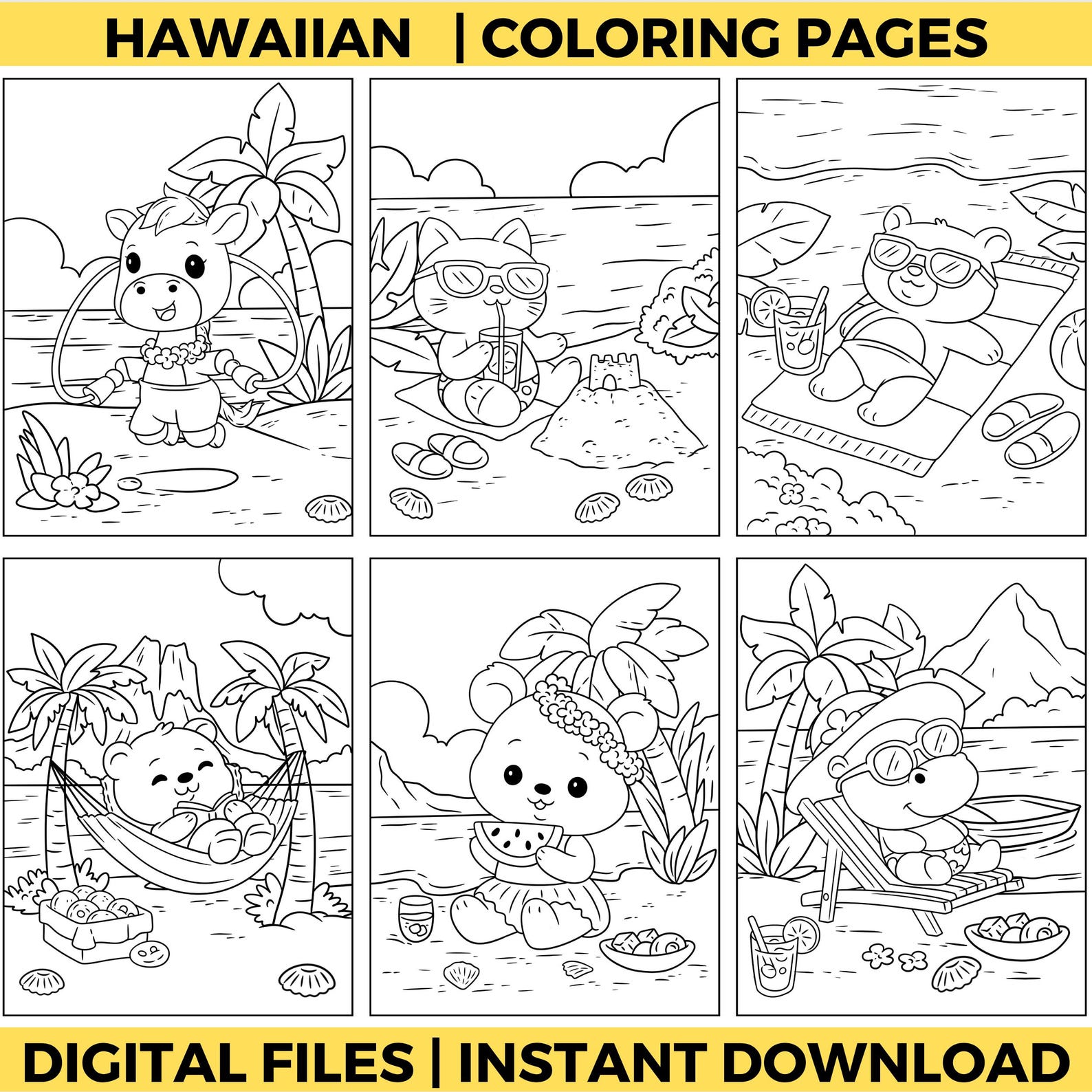 Hawaiian Cozy Animals Coloring Pages, Cute Tropical Beach Animals ...