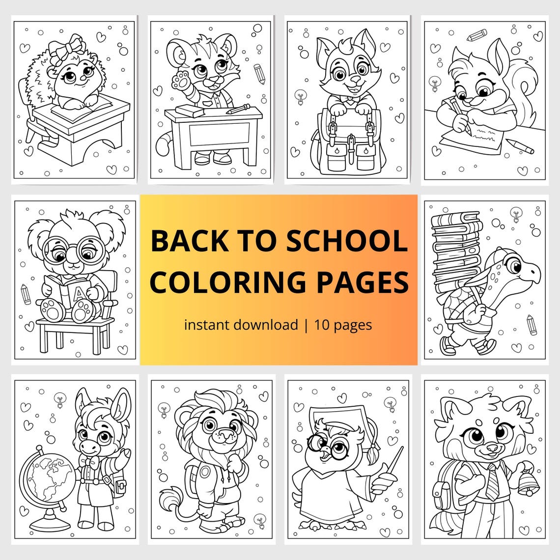 BACK to SCHOOL ANIMALS Coloring Pages, Instant Download, Back to School ...