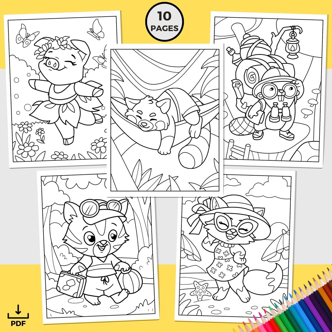 SUMMER ANIMALS Coloring Pages, Instant Download, Kids Camp Coloring ...