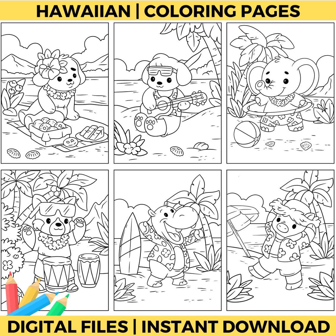 Hawaiian Cozy Animals Coloring Pages, Cute Tropical Beach Animals ...
