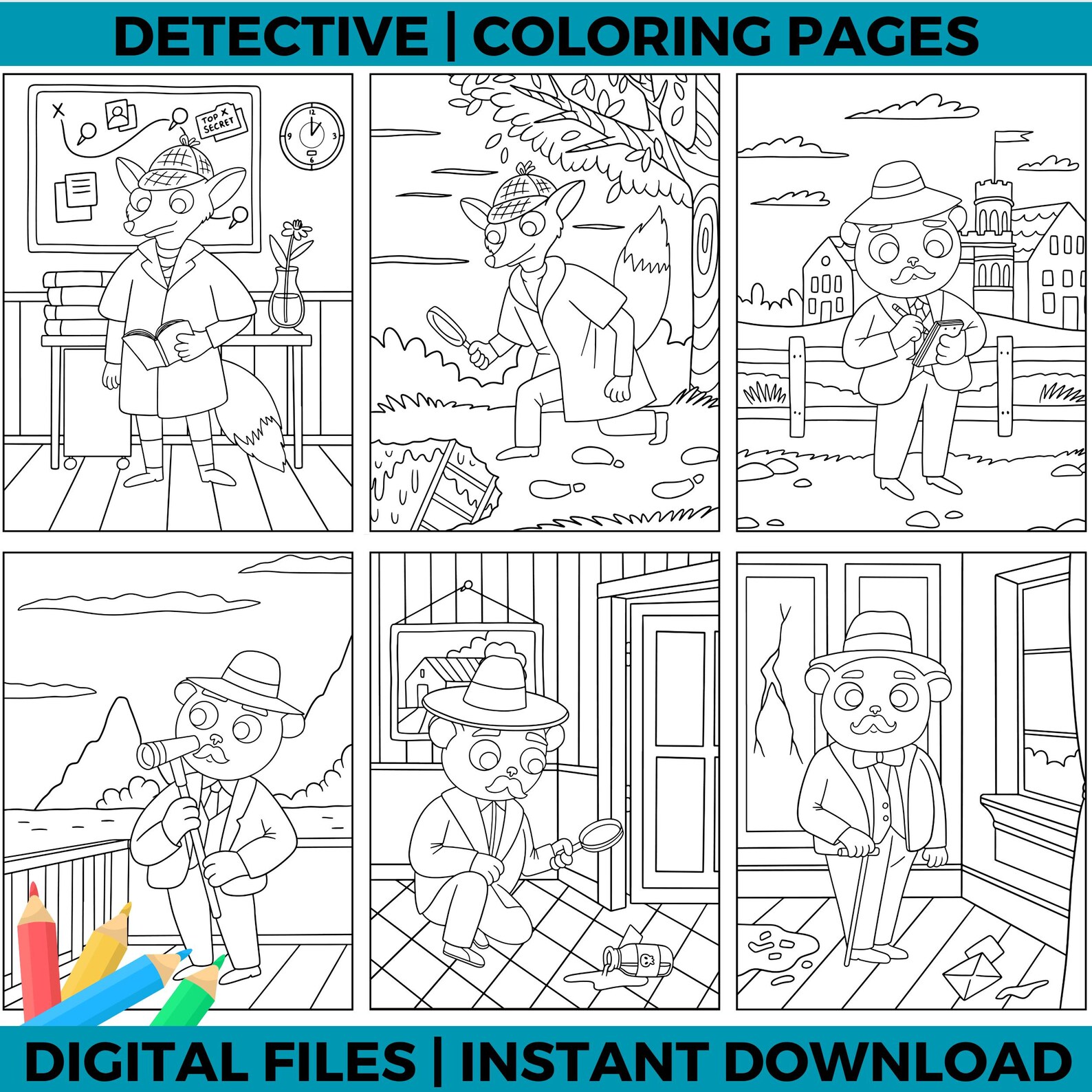 Detective Animals Coloring Pages for Kids, Printable Mystery-themed ...