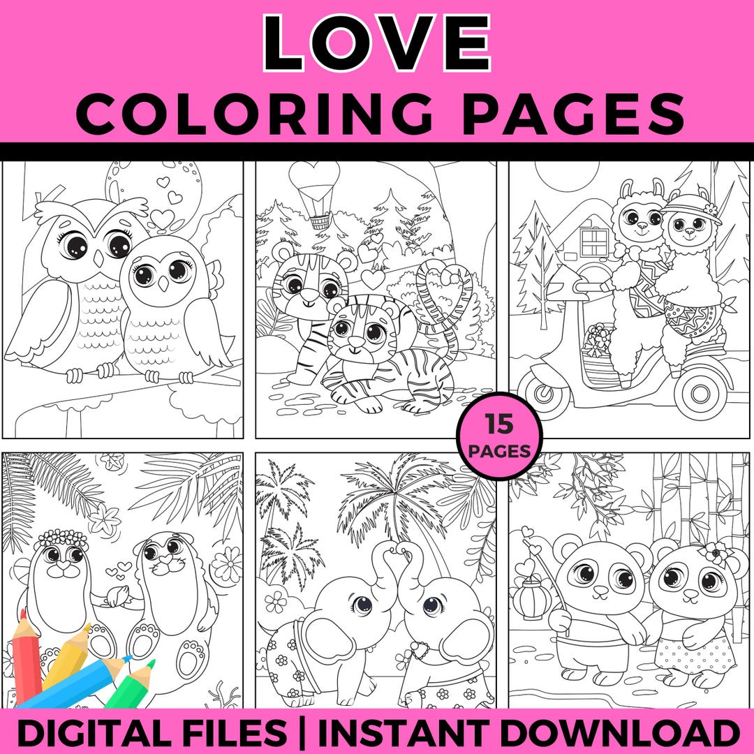 VALENTINE CUTE ANIMALS Coloring Pages, Instant Download, Valentine ...