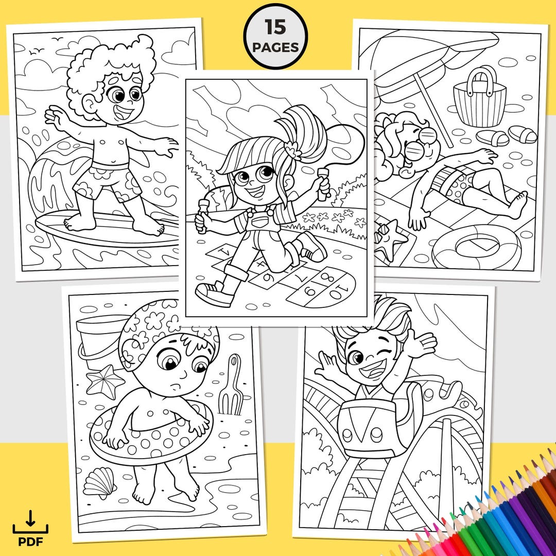 SUMMER KIDS Coloring Pages, Instant Download, Kids Camp Coloring Pages ...