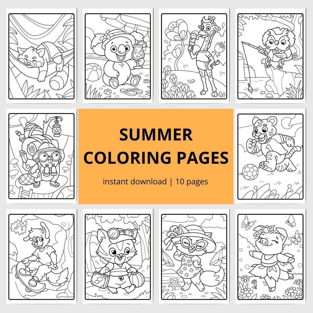 SUMMER ANIMALS Coloring Pages, Instant Download, Kids Camp Coloring ...