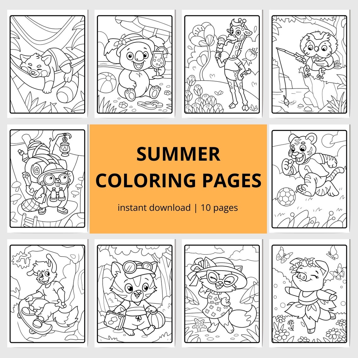 SUMMER ANIMALS Coloring Pages, Instant Download, Kids Camp Coloring ...