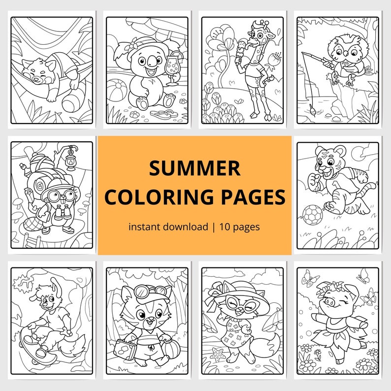 SUMMER ANIMALS Coloring Pages, Instant Download, Kids Camp Coloring ...