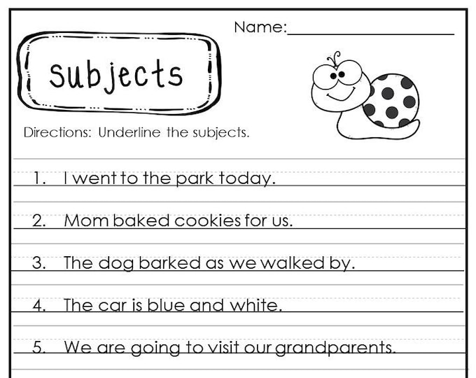 Identifying Subject, Predicates, and Verbs in a Sentence Worksheets. - Etsy