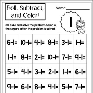 10 Printable Roll, Subtract, and Color Worksheets. Numbers 1-10 ...