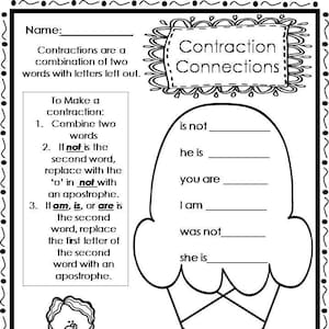 10 Printable Contractions Worksheets. 1st-2nd Grade ELA Worksheets. - Etsy
