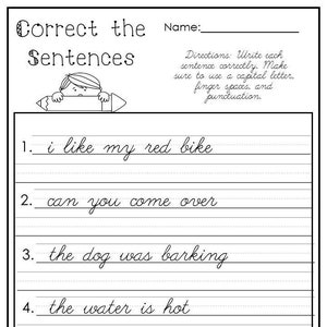 10 Printable Cursive Correct the Sentences Worksheets. 1st-2nd Grade ...