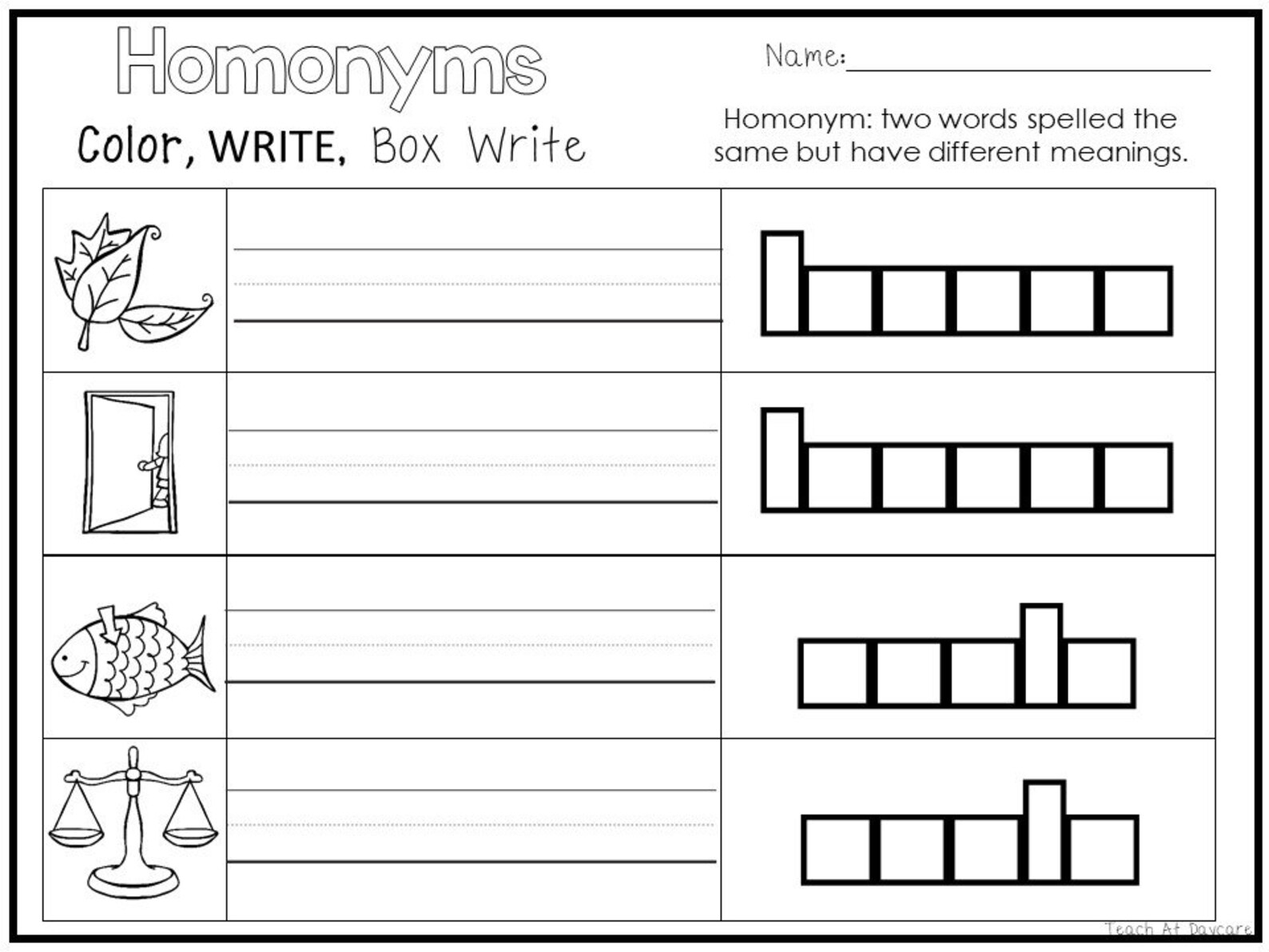 10 Printable Homonyms Color, Trace, Box Write Worksheets. 1st-2nd Grade ...