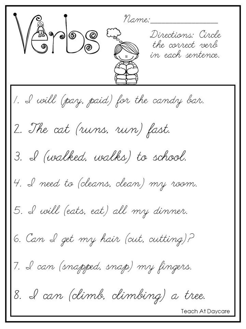 10 Printable Cursive Choose the Correct Verb Worksheets. 1st-2nd Grade ...