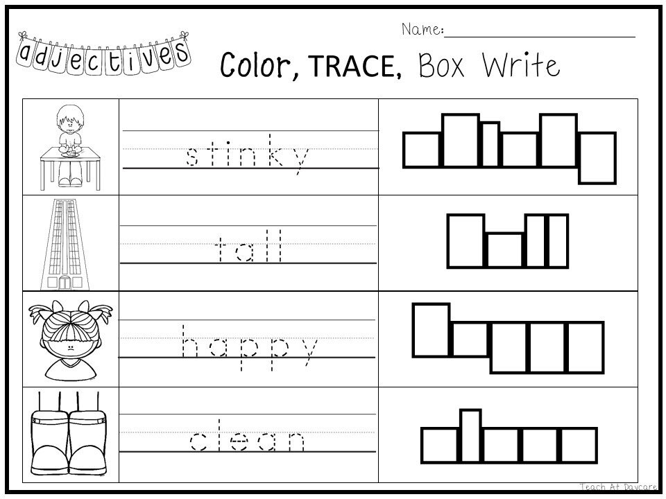 10 Printable Adjectives Color Trace Box Write Worksheets. | Etsy
